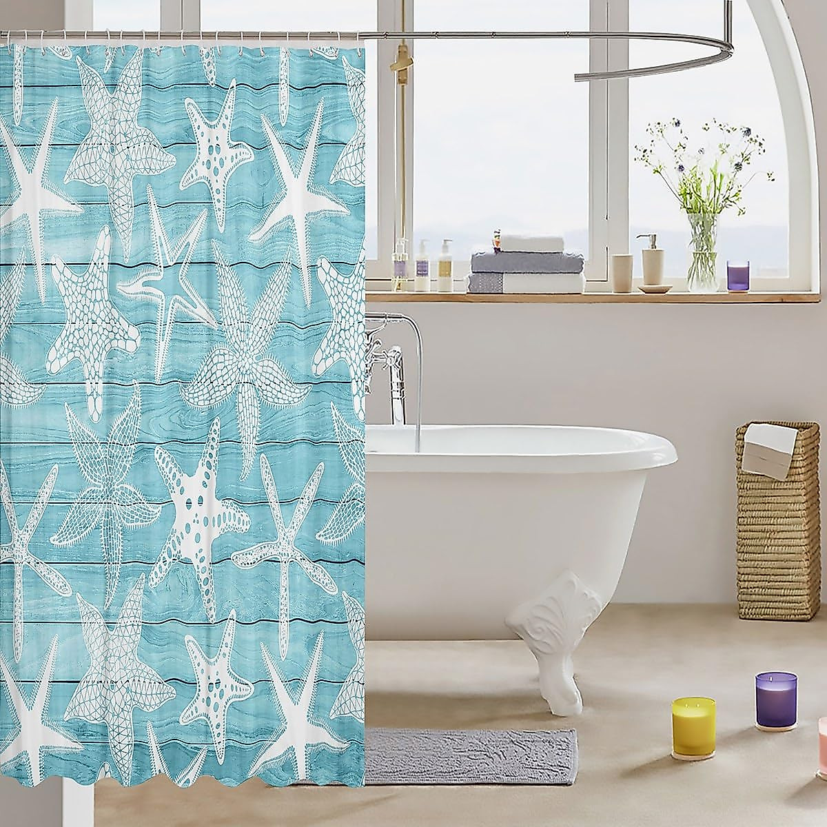 Coastal Sea Creature Shower Curtains,Farmhouse Blue Wooden Stripes Bath Curtain,Starfish Cloth Fabric Bathroom Decor Set with Hooks,78" Long