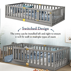 Tatub Montessori Twin Floor Bed with Safety Guardrails, Door Installs Left or Right - Grey Wood Frame