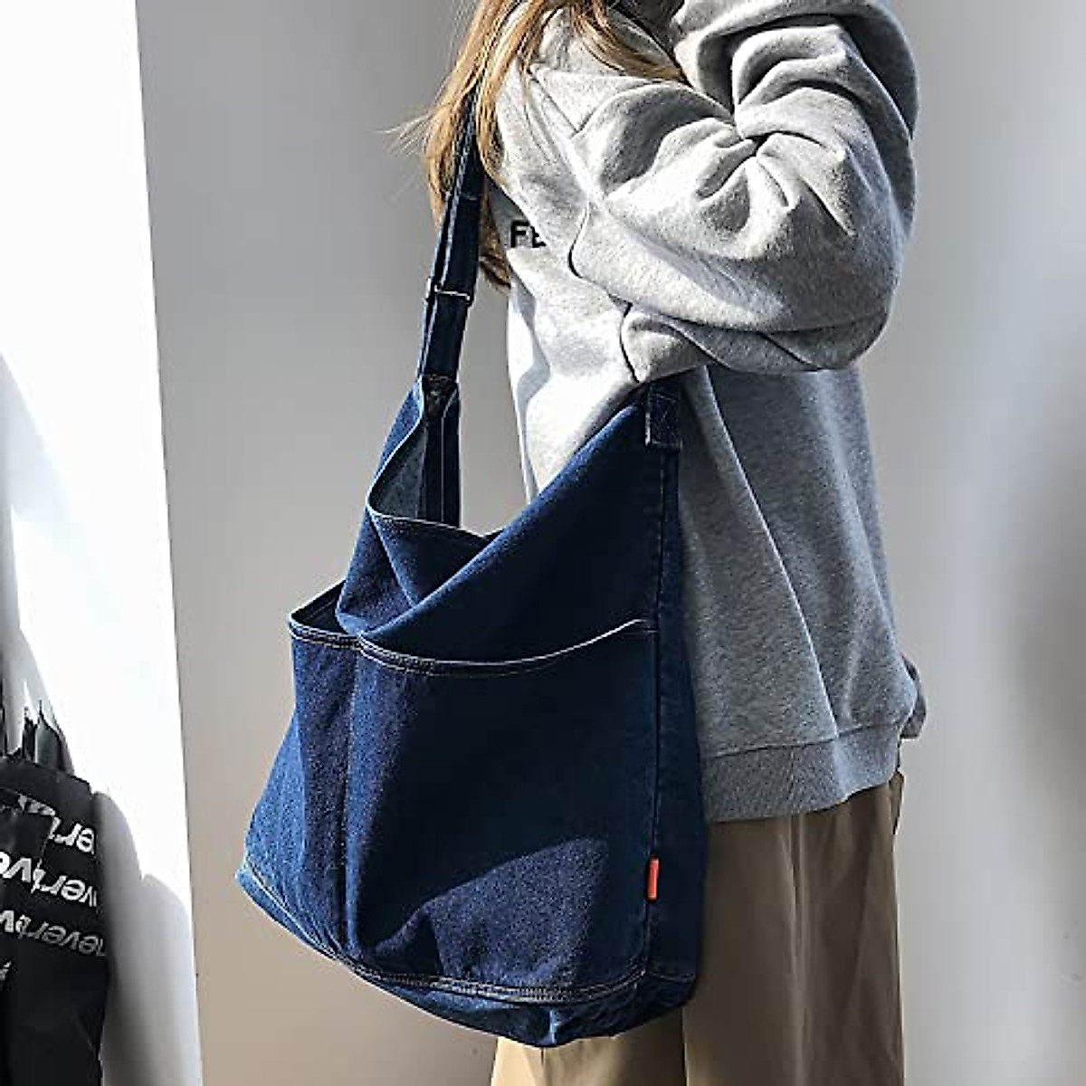Denim Shoulder Bag Large Hobo Tote Bag Casual Canvas Bag Retro Crossbody Bag for School Travel Work (Dark Blue)