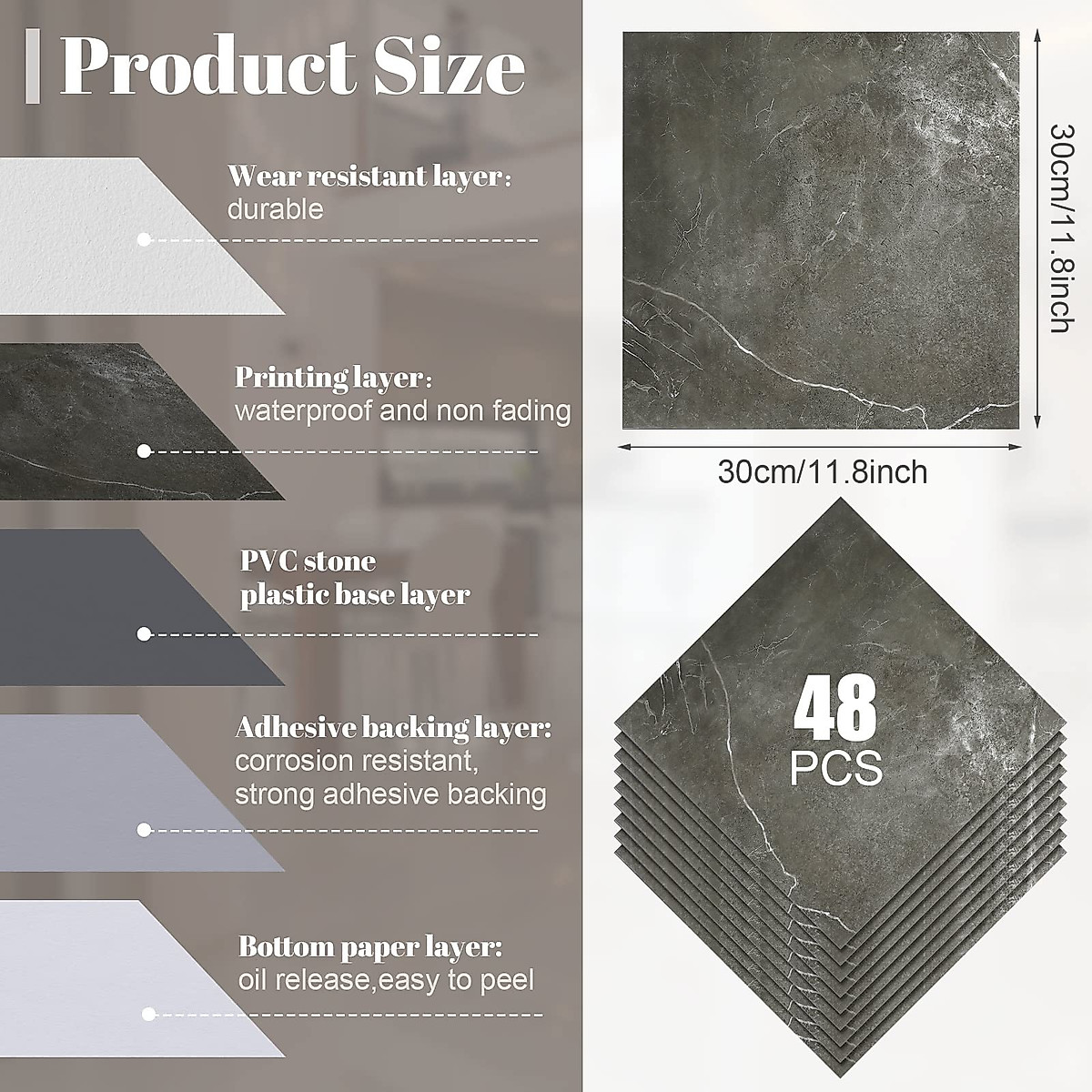 48 Pieces Vinyl Flooring Peel and Stick Floor Tile Stick on Floor Tile Self Adhesive Waterproof Bathroom 12 x 12 Inch for Bathroom Kitchen Bedroom Living Room(Gray Marble)