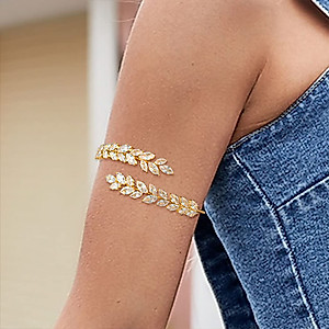 ELABEST Rhinestone Arm Cuff Bracelets Leaf Arm Cuff Bracelet Leaves Bracelet Cuff Armband Bangle Adjustable Upper Arm Cuff Jewelry for Women (Gold)