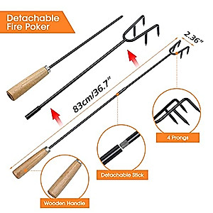 Fire Pit Poker and Log Grabber Fireplace Tongs Outdoor Fire Pit Tool Kits, Firepit Tools Set for Outside Campfire, Camping, Wood Stove, Black Steel