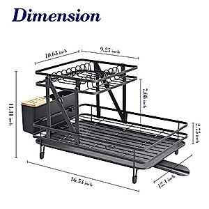 TOOLF 2 Tier Dish Drying Rack, Dish Rack for Kitchen Counter, Free Assembly Foldable Drainboard and Drainer with Wooden Utensil Holder for Kitchen Sink, Black