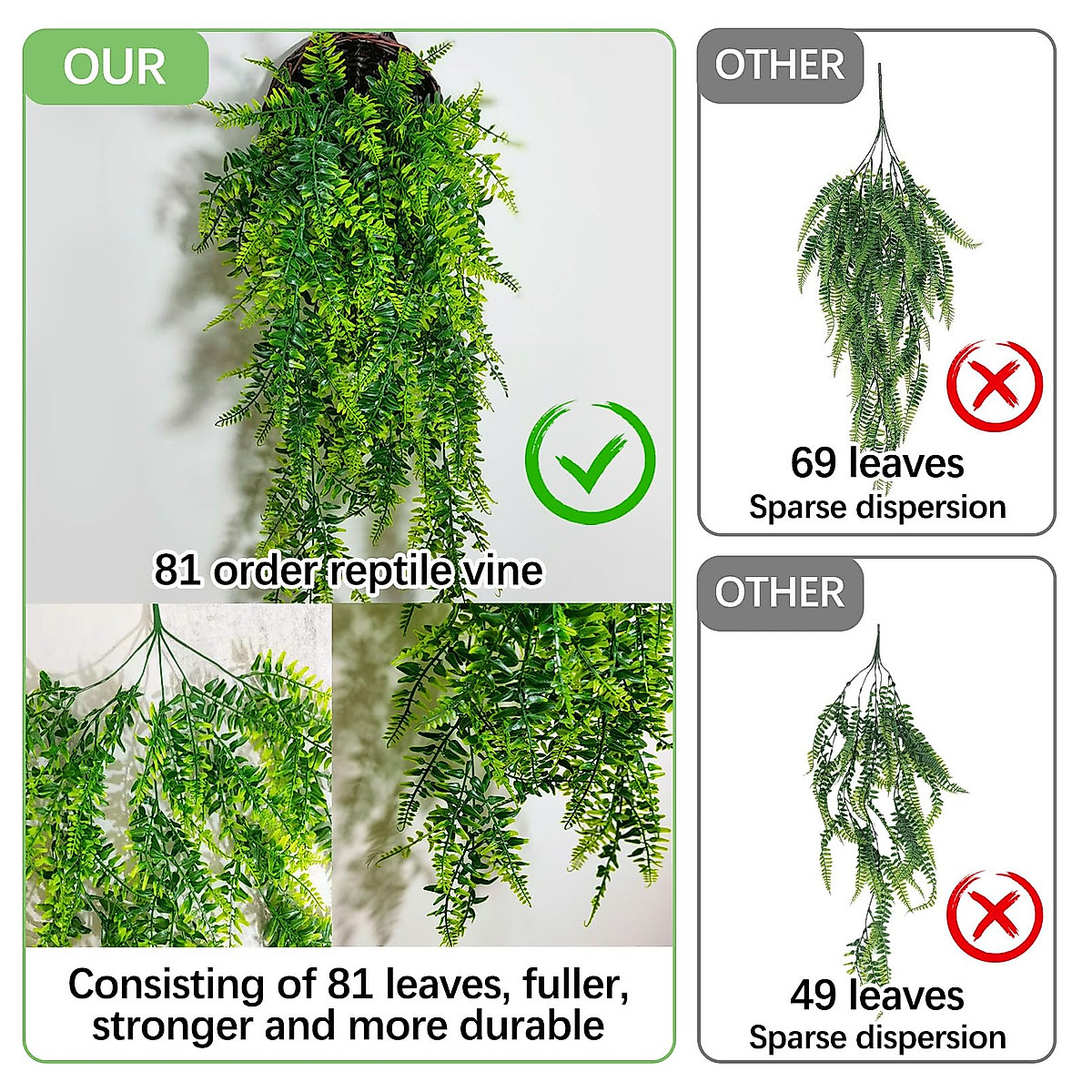 PINVNBY Reptile Plants Hanging Fake Vines Boston Climbing Terrarium Plant with Suction Cup for Bearded Dragons Lizards Geckos Snake Pets Hermit Crab and Tank Habitat Decorations (3 Pack)