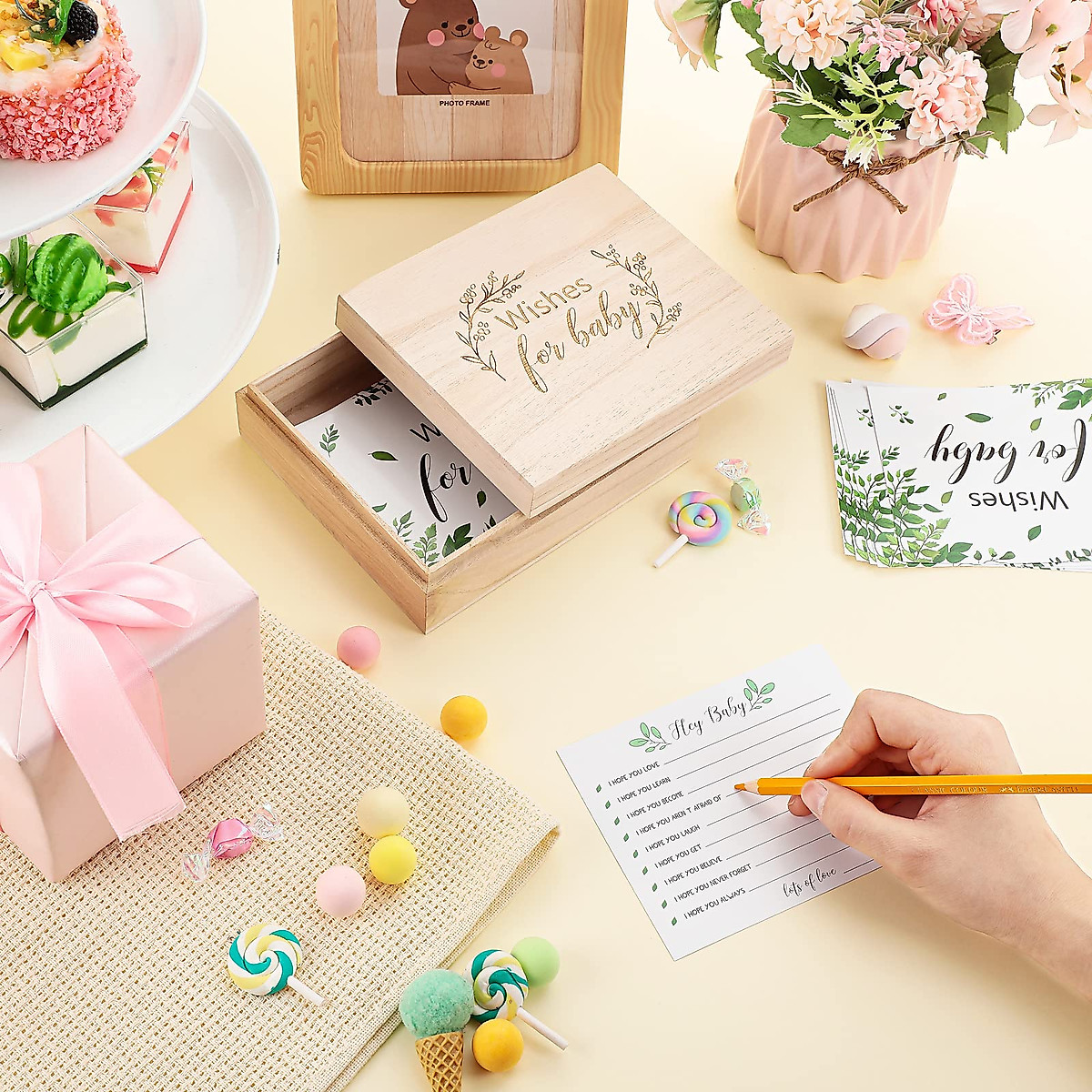 Set of 50 Botanical Baby Shower Advice Cards and Wooden Keepsake Box, Greenery Baby Advice Cards for Baby Shower Double Sided Advice and Wishes Cards for Boys Girls Baby Showers Wedding Gender Reveal