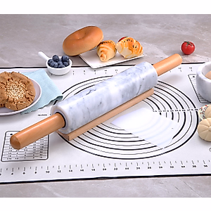 Aisiming Upgraded Marble Rolling Pin Set,Built-in Bearing,Polished 18-inch Roller,Easy Rolling,Beech Wooden Handles and Cradle,with Silicone Baking Mat,Dough Scraper,Easy to Clean(White)