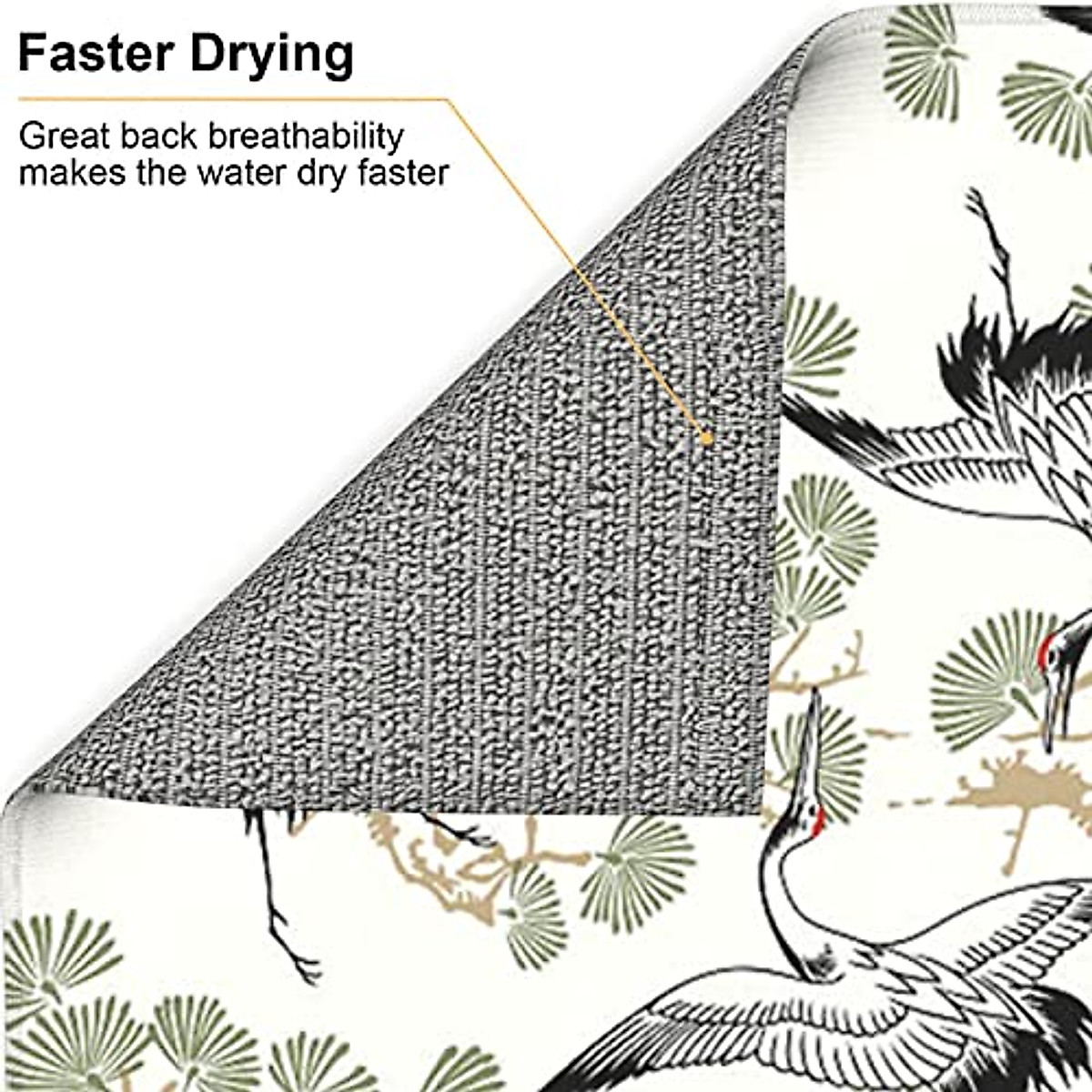 Japanese Crane & Pine Printed Drying Mat For Kitchen Ultra Absorbent Microfiber Dishes Drainer Mats Non-Slip Silicone Quick Dry Pad - 18 X 16inch