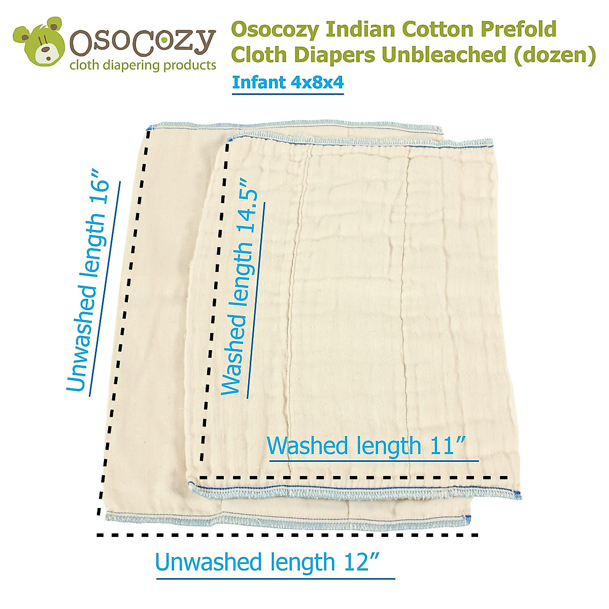 Unbleached Prefold Cloth Diapers by OsoCozy – 100% Cotton, Durable, Soft, Absorbent, Sustainable & Economical - 12"x16", Fits 7-15 Lbs. - (Infant 4x8x4)