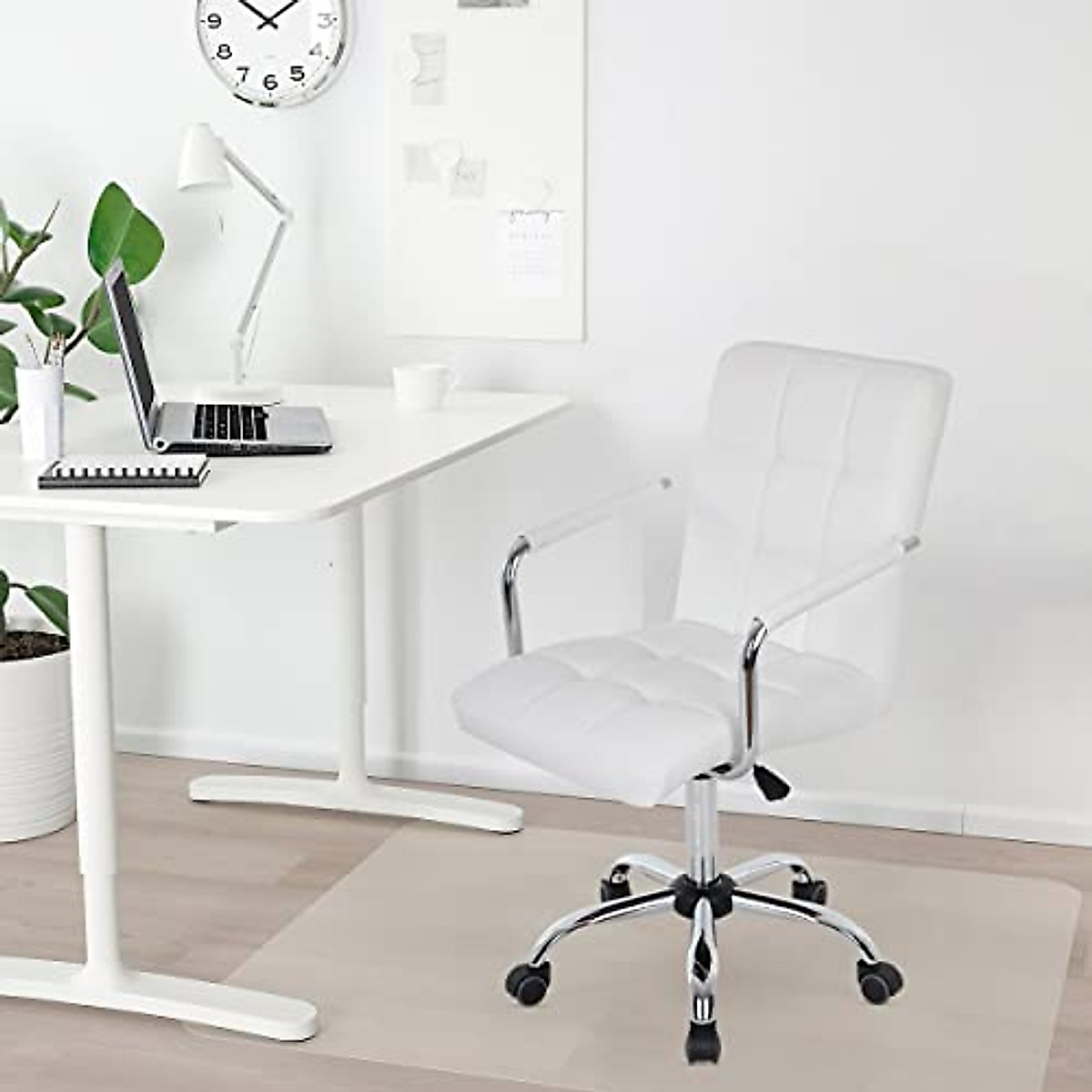 BLKMTY Home Desk Chair Ergonomic Computer Chair Vanity Chair Modern PU Leather Office Chair Adjustable Swivel Chair Computer Executive Chair Mid-Back Student Desk Chair for Teen Girl, White