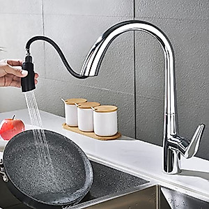 Fulgutonit Kitchen Faucet with Hidden Pull Down Sprayer, Modern High Arc Single Hole Pull Out Kitchen Sink Faucets for Bar Laundry RV Utility Sink, Chrome