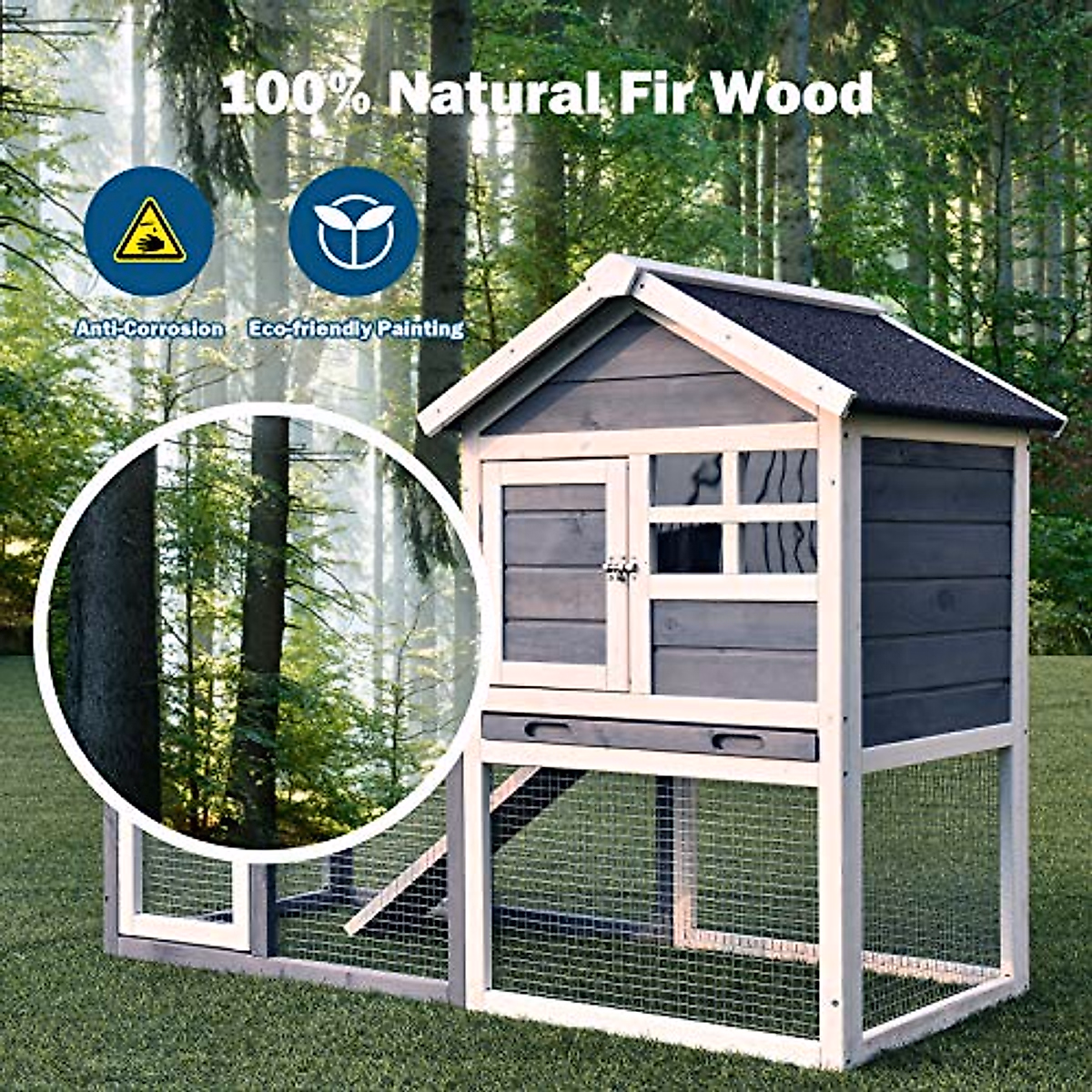 Tangkula Rabbit Hutch, Indoor Outdoor Bunny Cage with Run, Wooden Rabbit Cage with Waterproof Roof & Pull Out Tray, Chicken Coop Pet House for Rabbits, Chicken and Guinea Pigs (Gray)