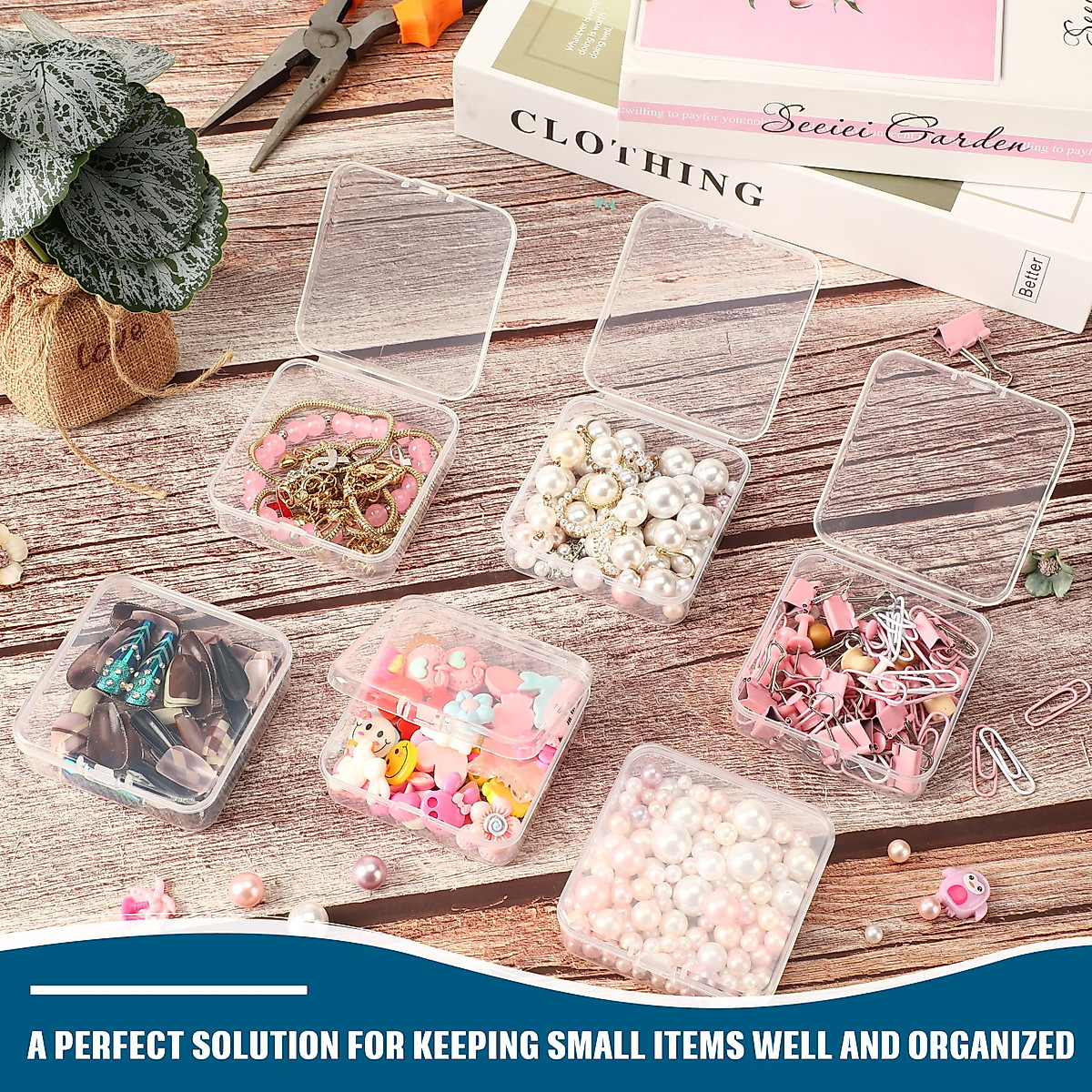 Menkxi 100 Pieces 3 x 3 x 1 Inch Plastic Bead Storage Containers Box Transparent Boxes with Hinged Lid Clear Bead Organizer Box for Small Items DIY Craft Jewelry Hardware Business Cards Game Pieces