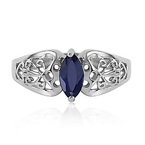 Galaxy Gold GG 14k White Gold Filigree Ring with Natural Marquis-shaped Sapphire - Size 10.5