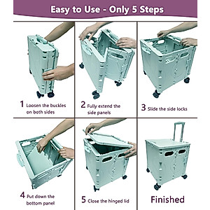 Kutatek Foldable Utility Cart, Collapsible Rolling Crate, 4 Universal Wheels with Two Brakes, Never-Lost Hinged Lid, Telescopic Handle for Home, Grocery, Office, School, Camping use (Mint, 1.8 Cu Ft)