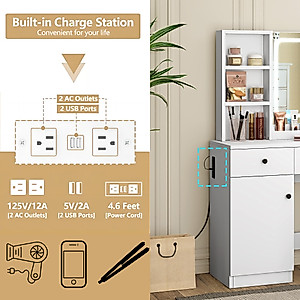 GAOMON Makeup Vanity Desk with Mirror and Lights, Vanity Desk Set with Outlet & Drawers & Open Shelf & Storage Cabinet, Vanity Table Set for Bedroom, White