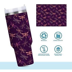 Emelivor Dark Purple Dragonflies 40 oz Tumbler with Lid and Straw Insulated Tumblers with Handle Leak Proof Coffee Tumbler Mug Large Water Bottles for Hot or Ice Coffee Tea