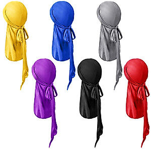SATINIOR 6 Pieces Kids Satin Silk Durag Caps Wave Wide Strap Headwraps Long Tail Turban Beanies for Boys Girls, Multicoloured, Medium