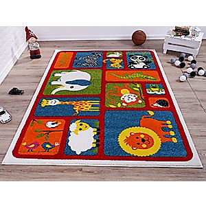 Ladole Rugs Adorable Animals Theme Contemporary Kids Area Rug - Carpet for Living Room Bedroom Entrance Hallway Carpet - Red Multicolor, 4x6 (3'11" x 5'3" 120cm x 160cm)