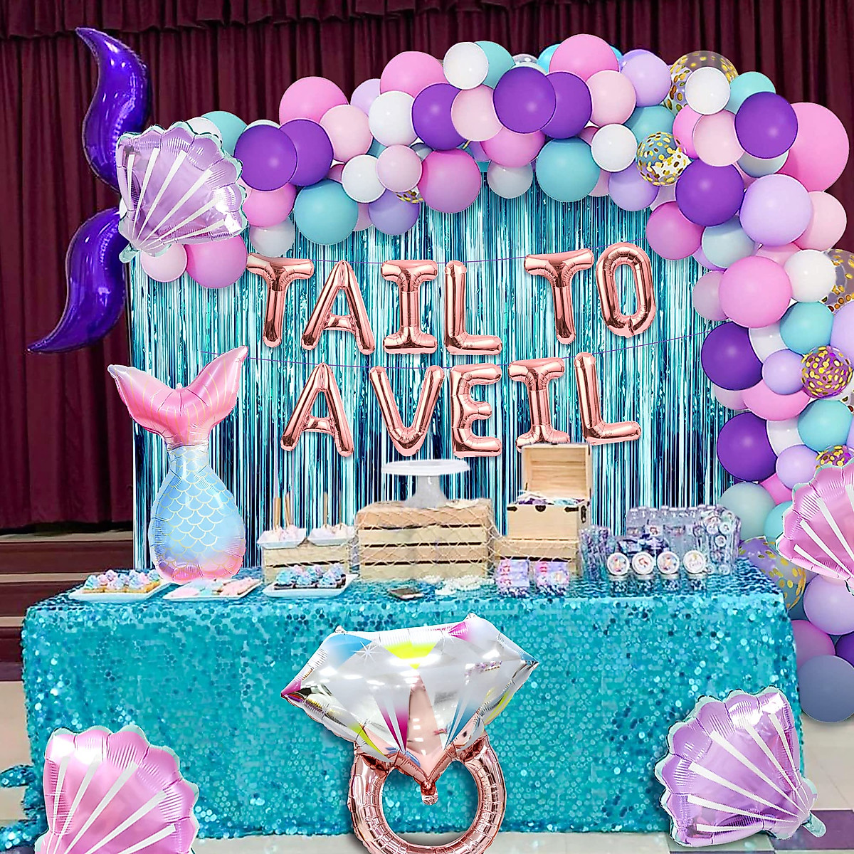 LaVenty 126 PCS Tail To Veil Bachelorette Decoration Mermaid Bachelorette Decoration Tail To Veil Balloons Bride To Be Sash for Mermaid Engagement Bridal Shower Party Blue Tinsel Curtain