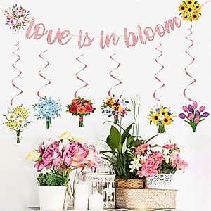 Love is in Bloom Bridal Shower Decorations,Glitter Rose Gold Banner Floral Themed Hanging Swirls for Wedding Shower Party Decor