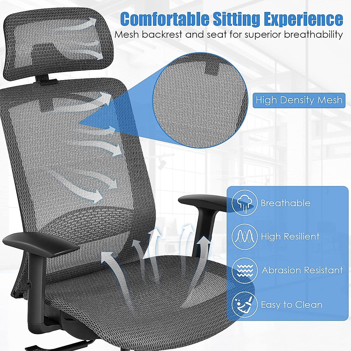 POWERSTONE Ergonomic Office Chair - High-Back Computer Desk Mesh Chair with Clothing Hanger - Executive Swivel Task Chair with Adjustable Arms and Head Rest (Gray)