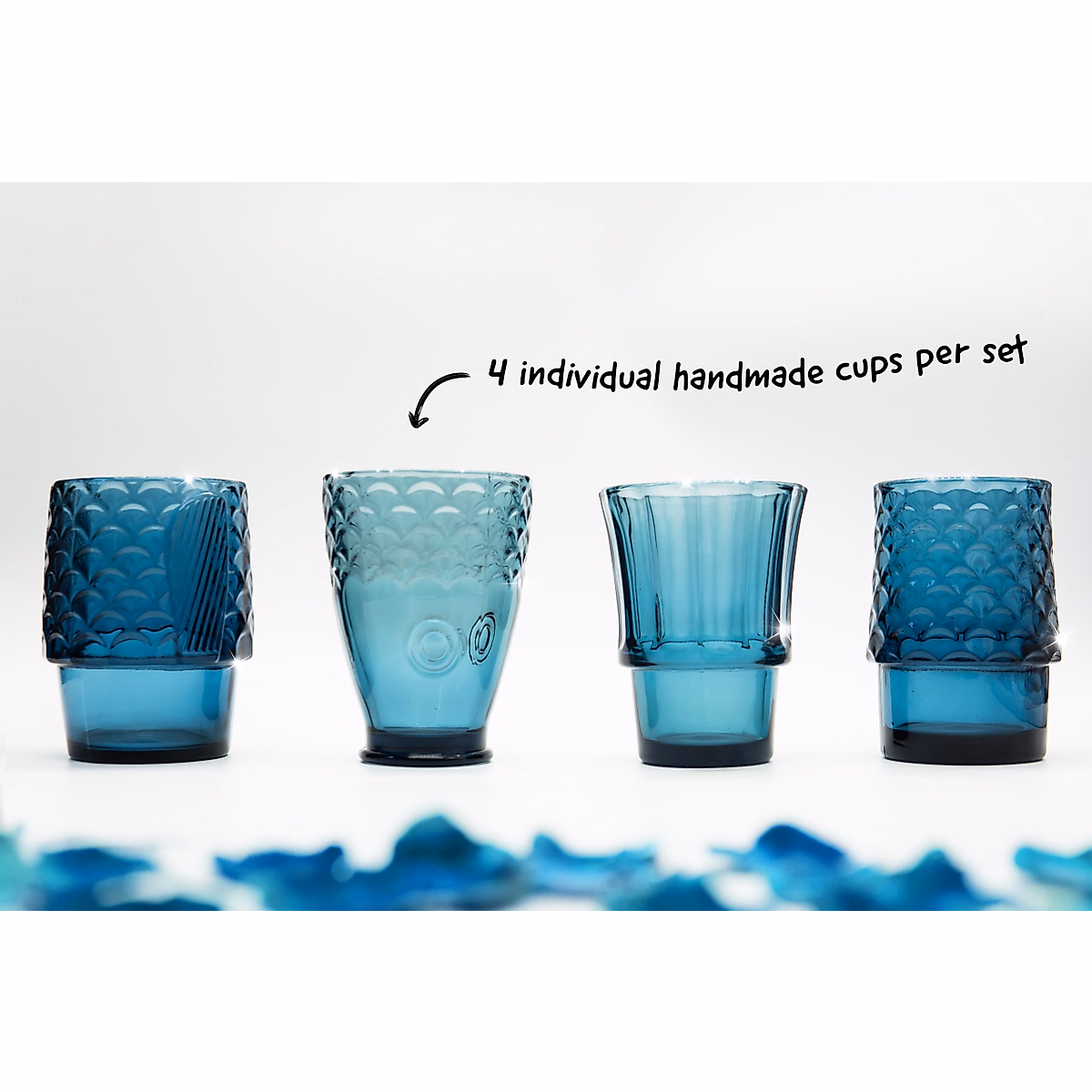 Gökotta Set of 4 | Handmade Stacking Koi Carp Fish Drinking Glasses | Natural Blue Glass Tumblers | Retro Fun Quirky Gift Present | Dinner Party Cocktail Water Juice Coffee Mugs Cups | 4PCS 250ml