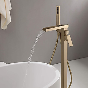 JiaYouJia Waterfall Freestanding Bathtub Faucet Brushed Gold Floor Mount Tub Filler Solid Brass Single Handle Bathroom Faucet with Hand Shower
