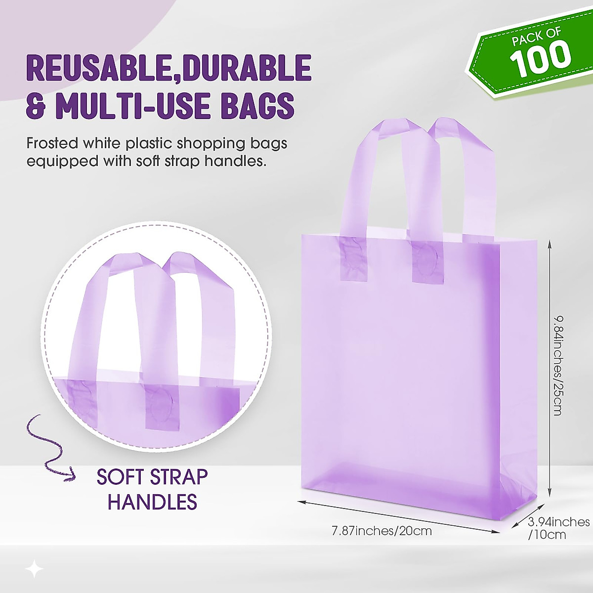 Qilery 100 Pack Frosted Plastic Gift Bags with Handles Small 8"x4"x10" Plastic Shopping Bags for Small Business Boutique Merchandise Bags Bulk for Retail Customers(Light Purple)