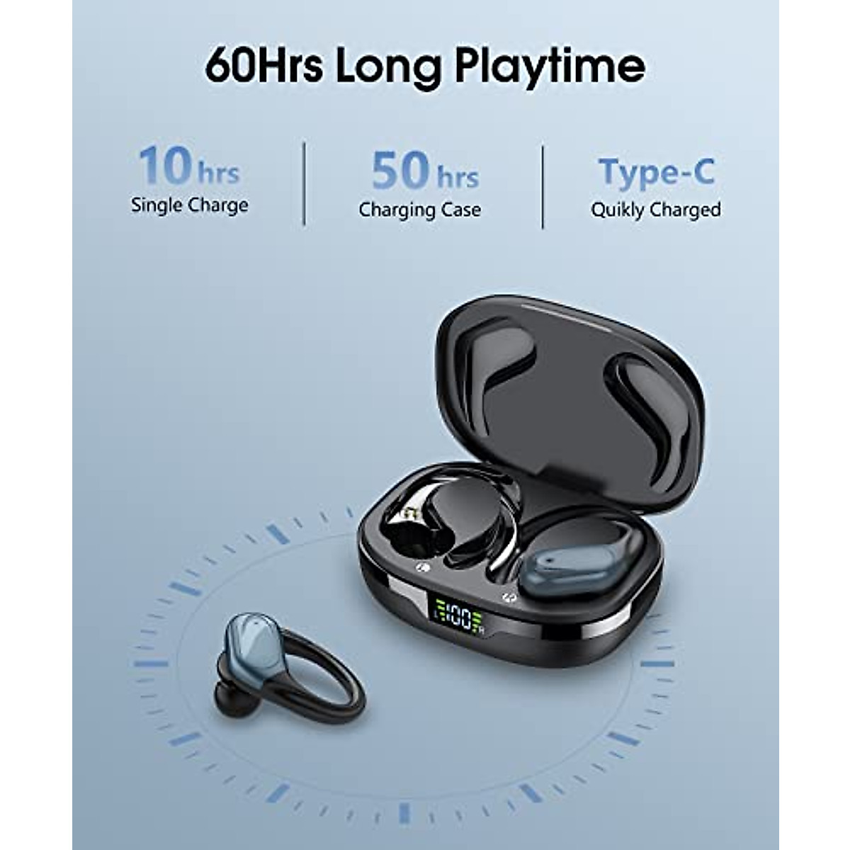 Tiksounds Wireless Earbuds, Bluetooth 5.3 Headphones, Bluetooth Earbuds with LED Display, 60 Hrs of Playtime, IPX7 Waterproof, Stereo Sound, Over Ear Earphones with Mic for Sports Running Workout Gym