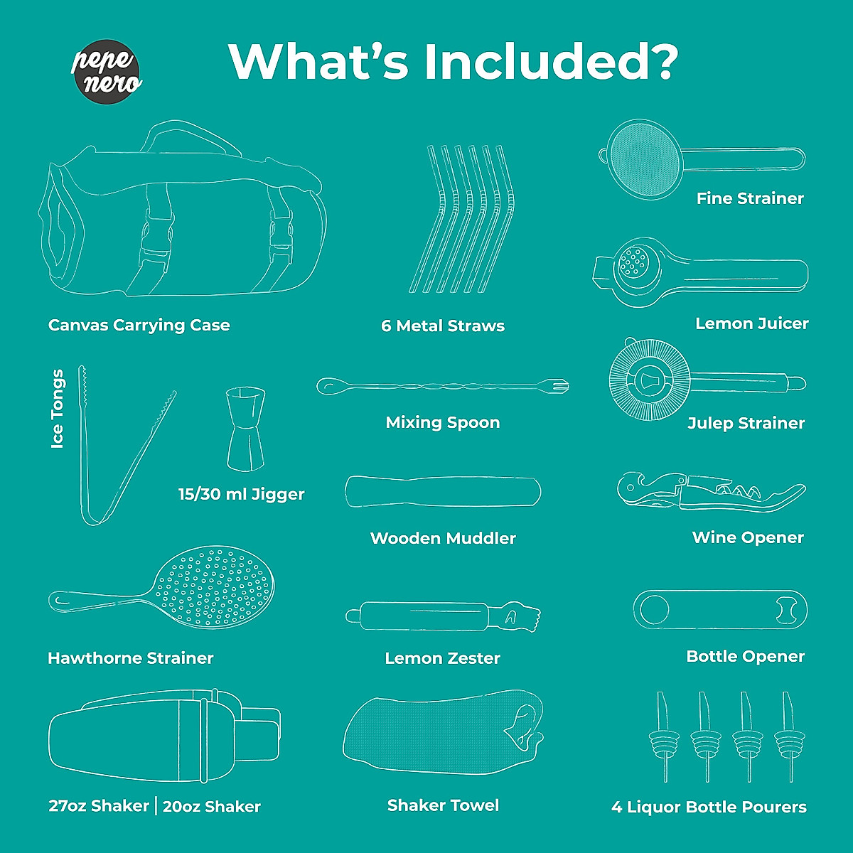 Professional Bartender Kit and Cocktail Shaker 27 Piece Kit - Bar Accessories - Mixology Bartender Kit, Barware Kit Including Wooden Muddler, Jigger, Strainers and Martini Tool, Canvas Carrying Bag