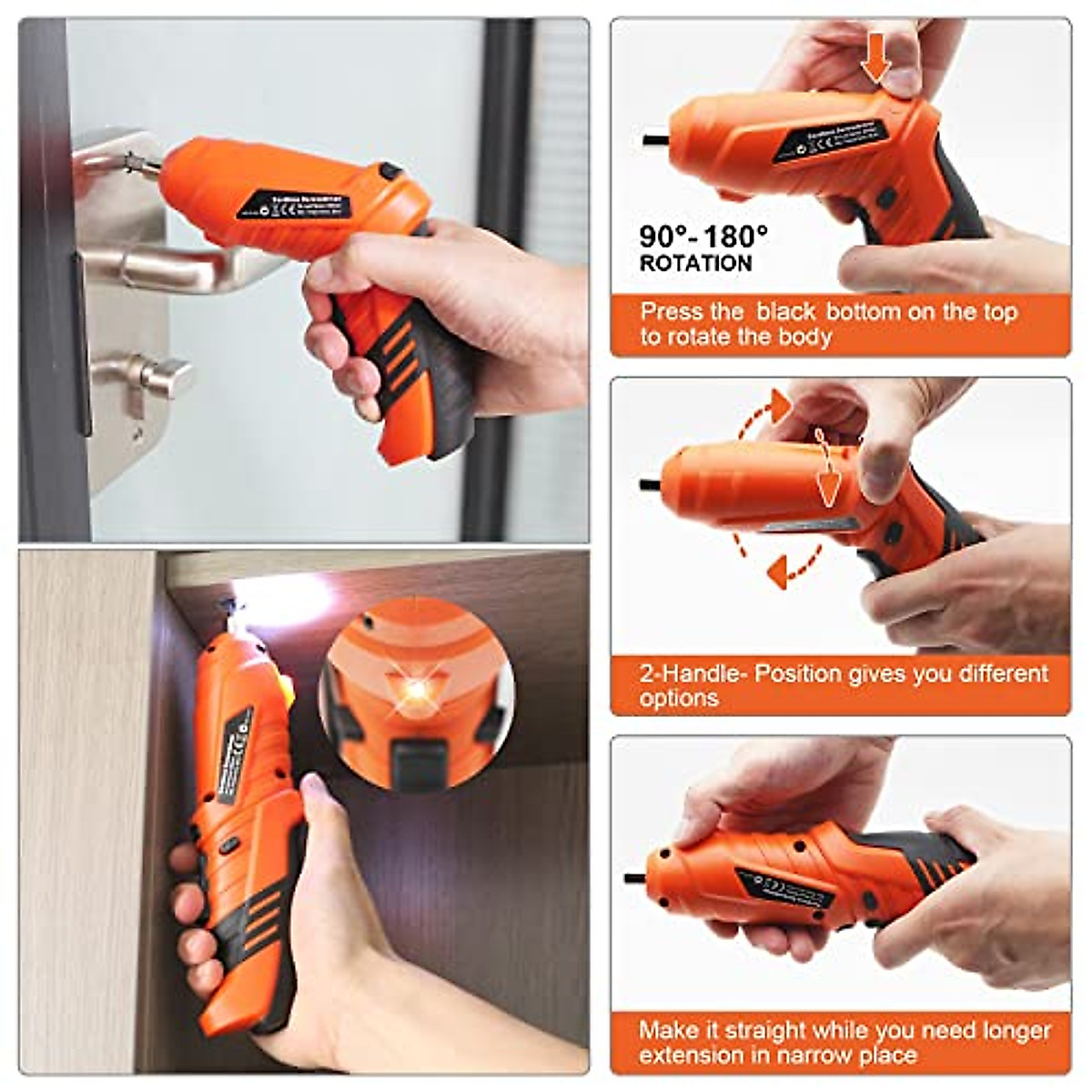 MQ Electric Screwdriver, 3.6V Cordless Screwdriver Kit with Rechargeable Battery, Dual Position Handle & LED Front Light, 49PCS Portable Skil Screwdriver for Home Office DIY Tools, Orange