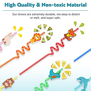 NiHome 24 Reusable Plastic Animal Straws with 2 Cleaning Brushes, Dolphin Dinosaur Lion Shark Jungle Safari Party Favors Kids Birthday Decorations for Boys Girls, Fillers for Baby Shower Goodie Bags