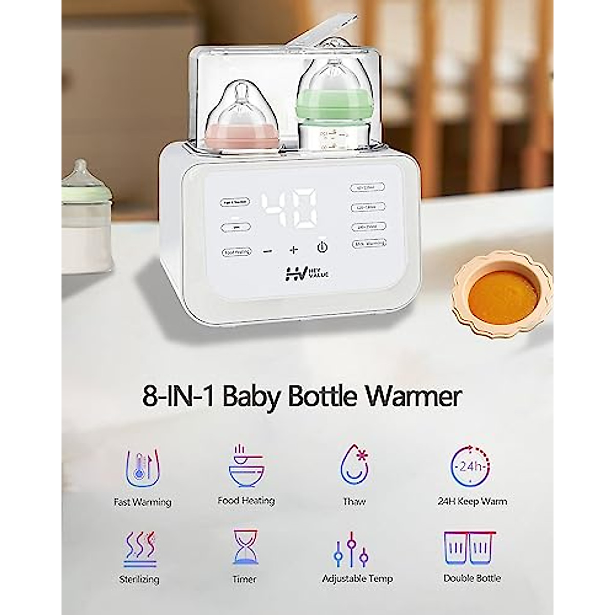 Baby Bottle Warmer, 8-in-1 Fast Milk Warmer for Breastmilk or Formula with Timer, 24H Constant Warming, with Defrost, Heat Baby Food Jars, Sterili-zing Function, Accurate Temp Control, Fits 2 Bottles