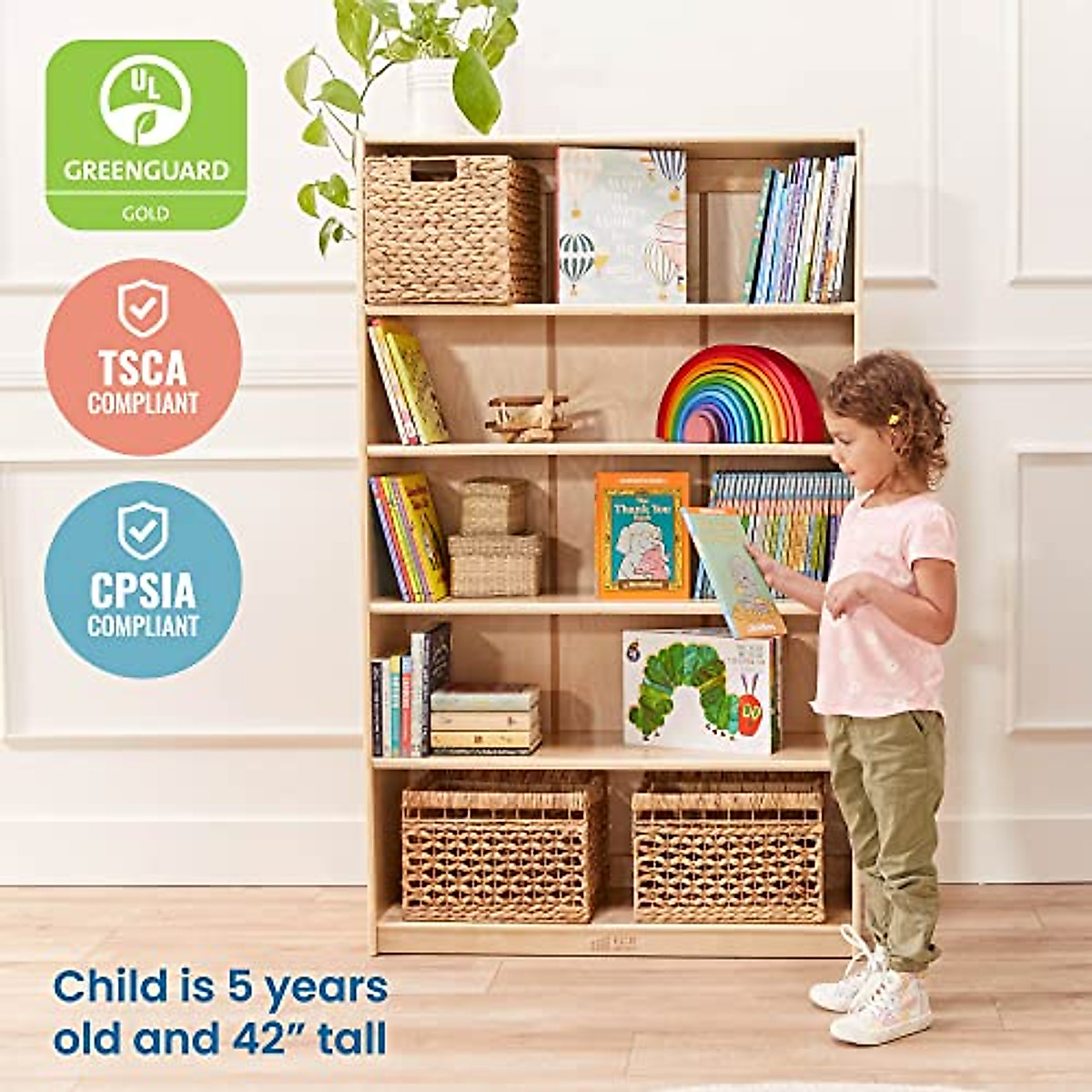 ECR4Kids Classic Bookcase, 60in, Adjustable Bookshelf, Natural
