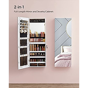 SONGMICS Mirror Jewelry Cabinet Armoire Organizer, Wall or Door Mount Storage Cabinet with Full-Length Frameless Lighted Mirror, Built-in Makeup Mirror, 2 Drawers, Lockable, White UJJC013W01