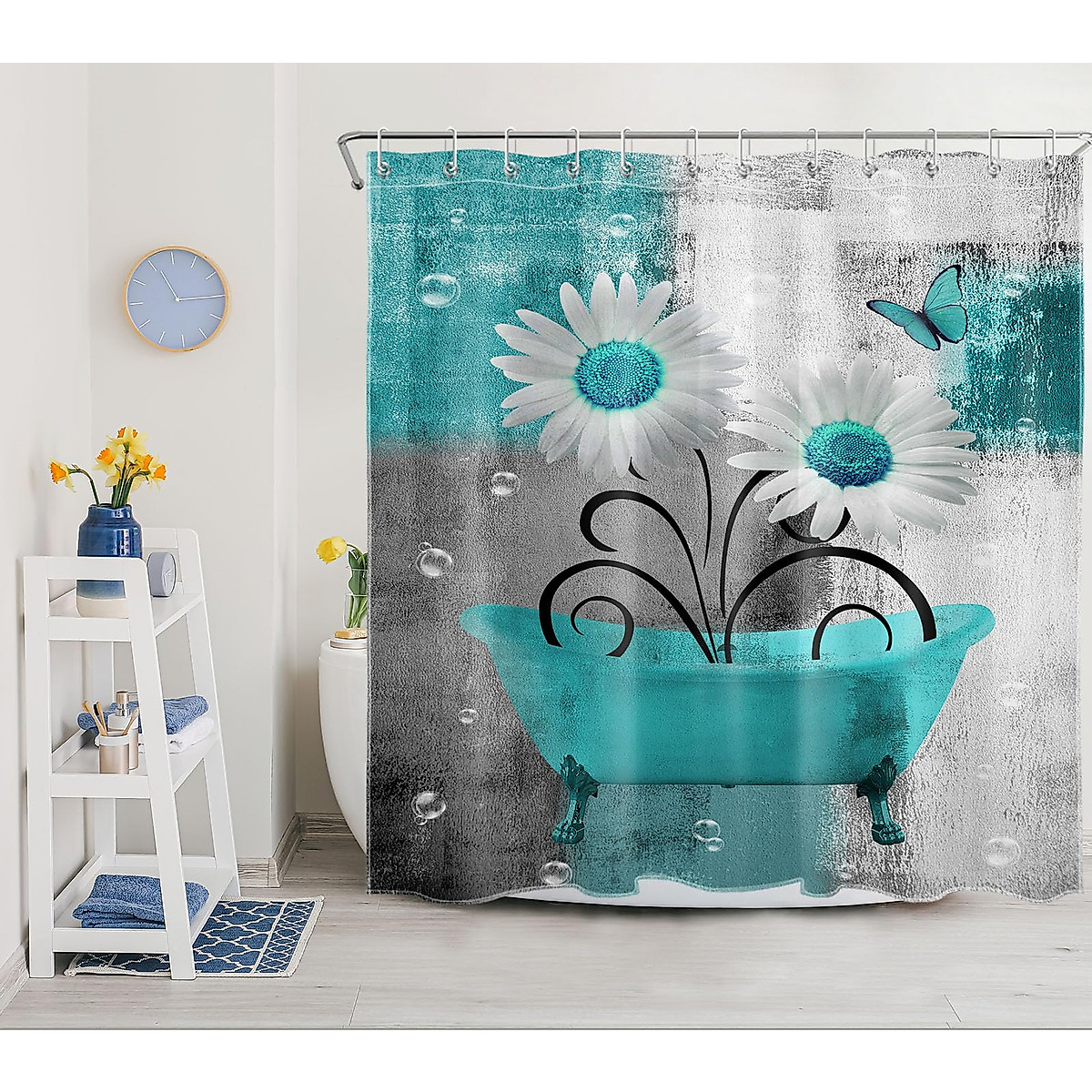 LB Rustic Teal Floral Shower Curtain for Bathroom, Country Daisy Flower and Butterfly Fabric Shower Curtain with Hooks, Geometric Grey and White Bathroom Curtain Shower Set, 72" W x 78" L