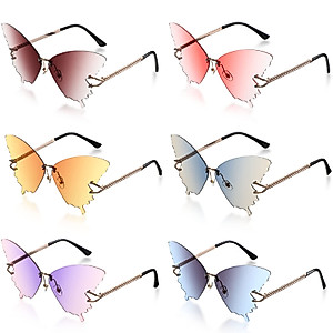 6 Pairs Butterfly Rimless Sunglasses Vintage Gradient Frame Eye Glasses Fashionable Oversized Cat Eye Butterfly Shape Eyewear for Men and Women, 6 Colors