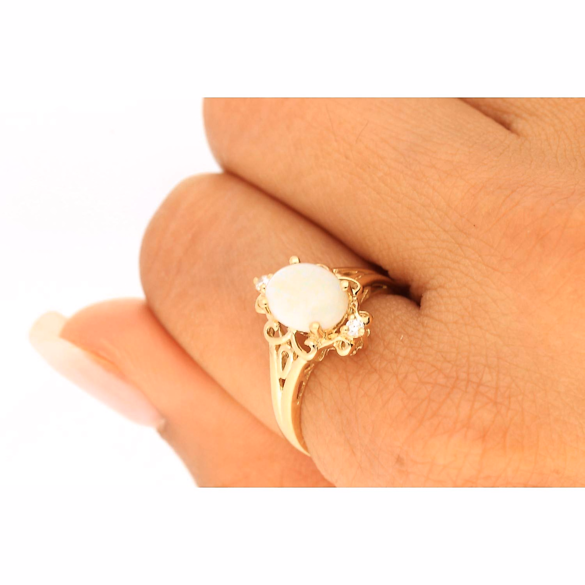 Gin & Grace 14K Yellow Gold Natural Opal & Diamond (I1,I2) Engagement Propose Promise Ring for Women