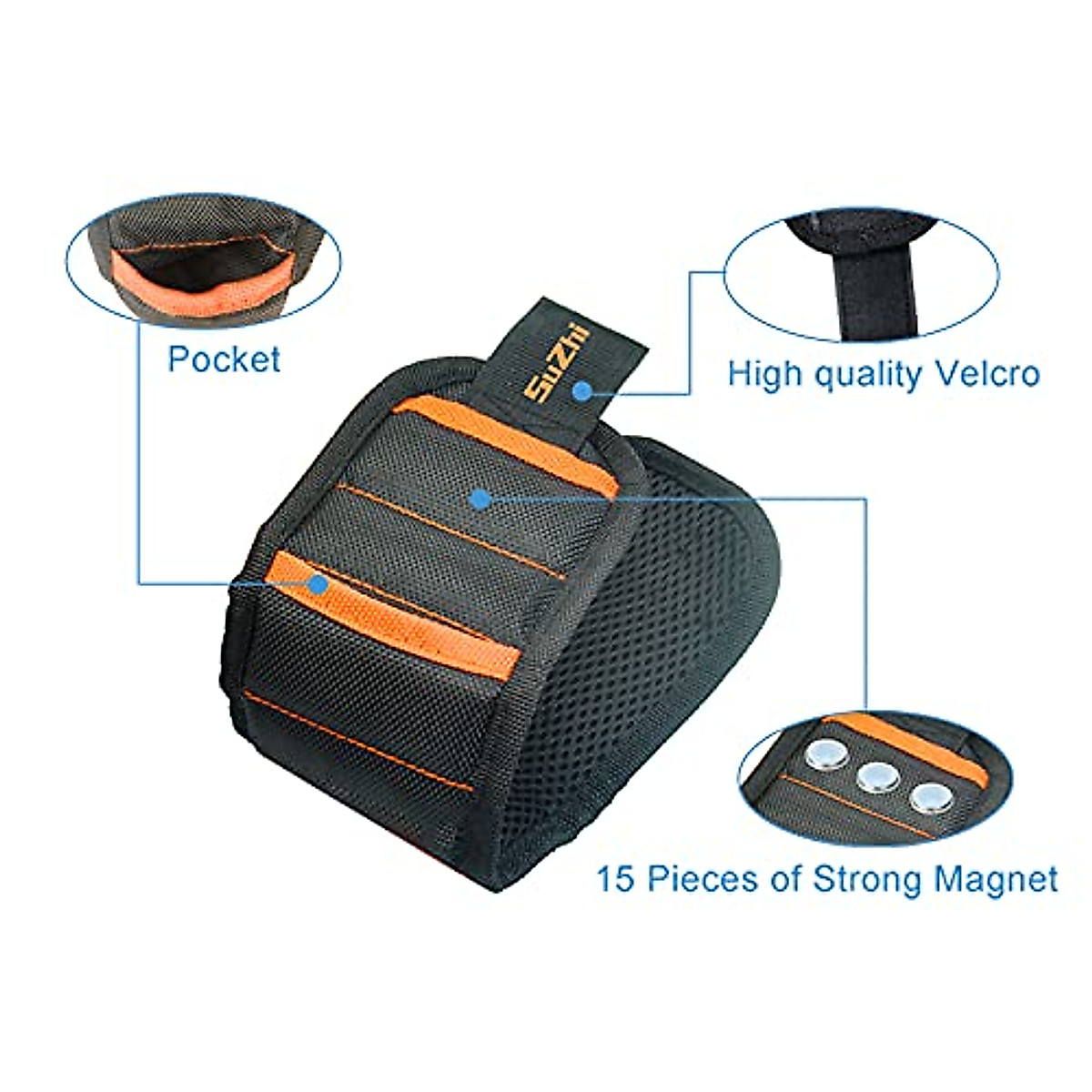 SuZhi Magnetic Wristband for Holding Screws, Magnetic Tool Holder Strip, Magnetic Screw Holder -15pcs Strong Magnets for Holding Screws,Nails for reparing Under The car, Climbing high