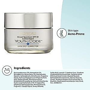 Dark Spot Corrector Face Moisturizer with SPF 30 for Even Skin Tone by L’Oreal Paris, Youth Code Anti-Aging Day Cream, Non-greasy, 1.7 oz.