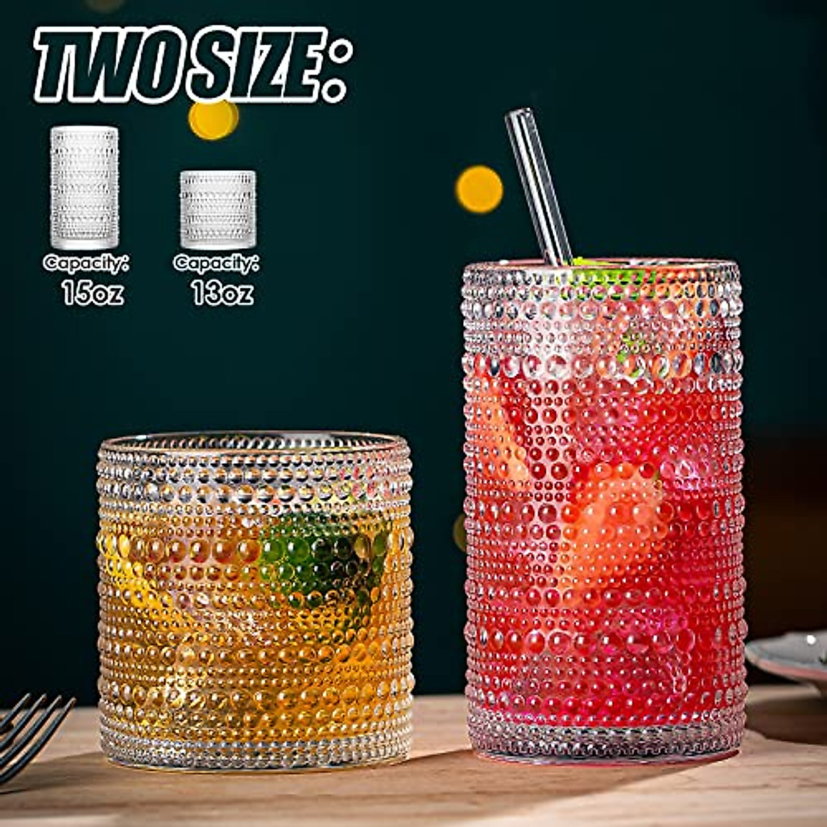 wookgreat Drinking Glasses, 8 pcs Embossed Designed Glass Cups-4 Highball Glasses 15oz & 4 Rocks Glasses 13oz, Mojito Cups, Mixed Drink Cocktail Glass, Bar Glassware for Cocktail, Beer, Whiskey