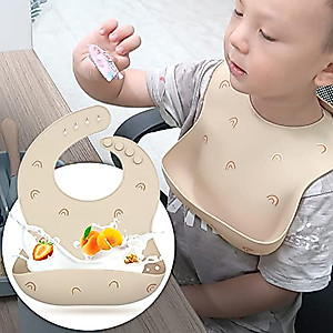 Santi & Me Baby Feeding Set Divided Plate with Suction, Adjustable Silicone Bib, Toddler Training Sippy Cup with Straw, Baby Led Weaning Spoon, Rainbow Plate Dishes and Utensils Set(Beige)