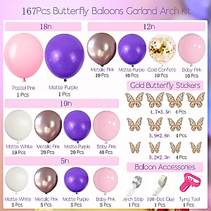ANGSKALSA Balloon Garland Arch Kit - 167Pcs Baby Shower Decorations for Girl with Butterfly Stickers, Pink Purple White Gold Confetti Balloons for Birthday Party Bridal Shower Wedding Decorations
