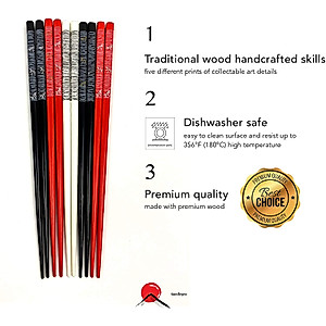 JapanBargain 3647, Bamboo Chopsticks Reusable Japanese Chinese Korean Wood Chop Sticks Hair Sticks 5 Pair Gift Set, Dragonfly Pattern Dishwasher Safe, 2 Packs
