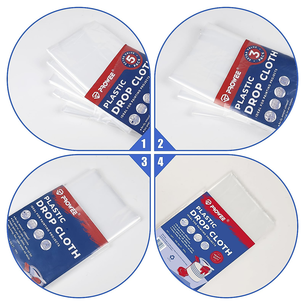 PROWEE 1mil Clear Plastic Drop Cloth for Painting 9-Feet x 12-Feet Painters Plastic Drop Cloth，Waterproof & Dustproof Polyethylene