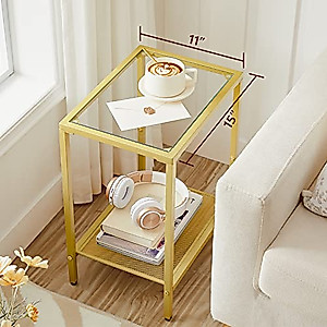 MAHANCRIS End Table, 2-Tier Beside Table with Mesh Shelf, Sofa Side Table with Tempered Glass Top, TV Tray Table for Small Space, Snack Side Table, Nightstand for Bedroom, Living Room, Gold ETJ24B01