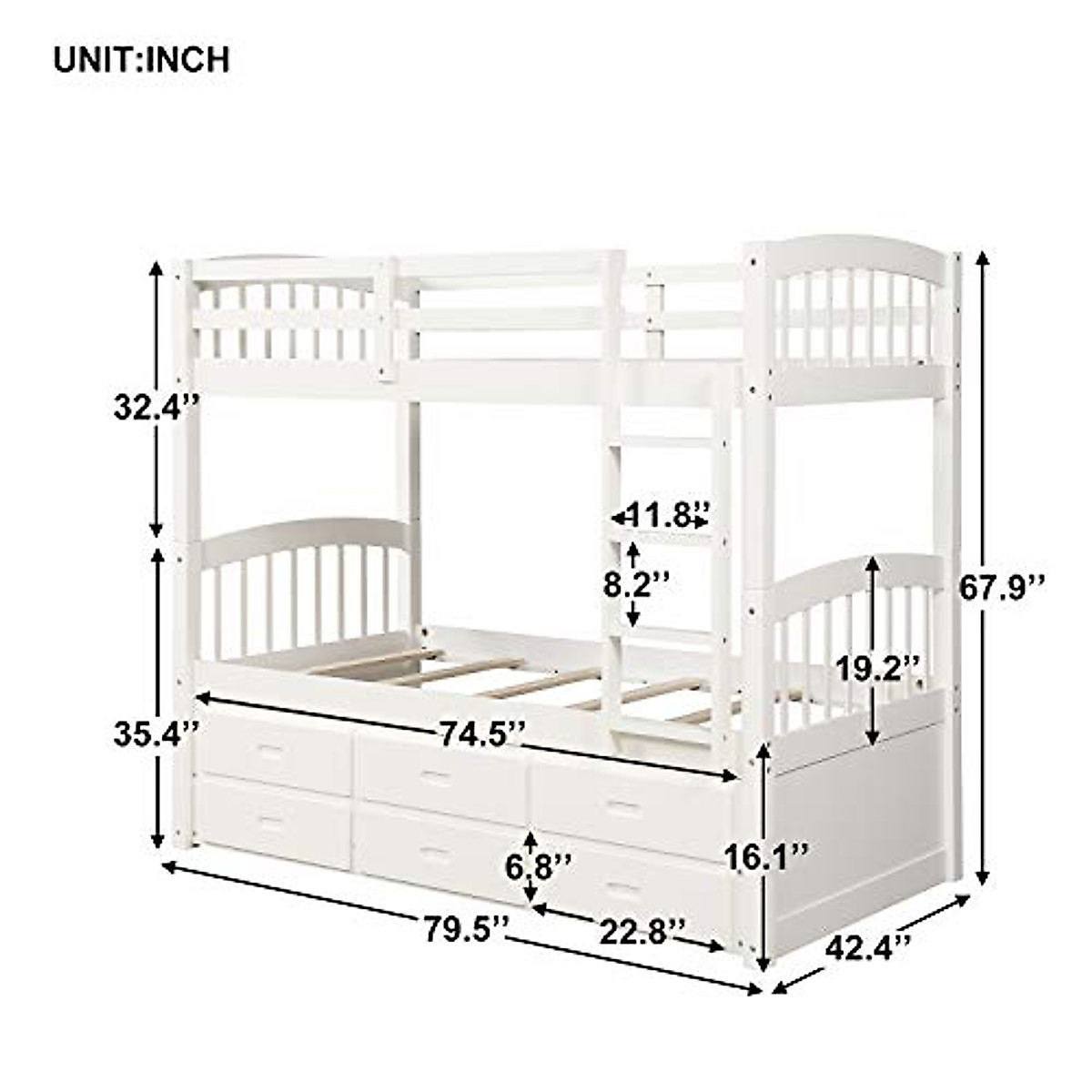 Harper&Bright Designs Twin Over Twin Bunk Bed with Safety Rail, Ladder, White Twin Trundle Bed with 3 Drawers for Kids, Teens Bedroom, Guest Room Furniture