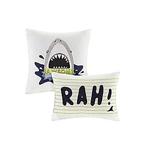 Urban Habitat Kids 100% Cotton Comforter Set-Fun Print and Vibrant Color Modern Design All Season Cozy Bedding,Matching Shams,Decorative Pillow, Full/Queen,Shark Stripes Green/Navy with 2dec pillows