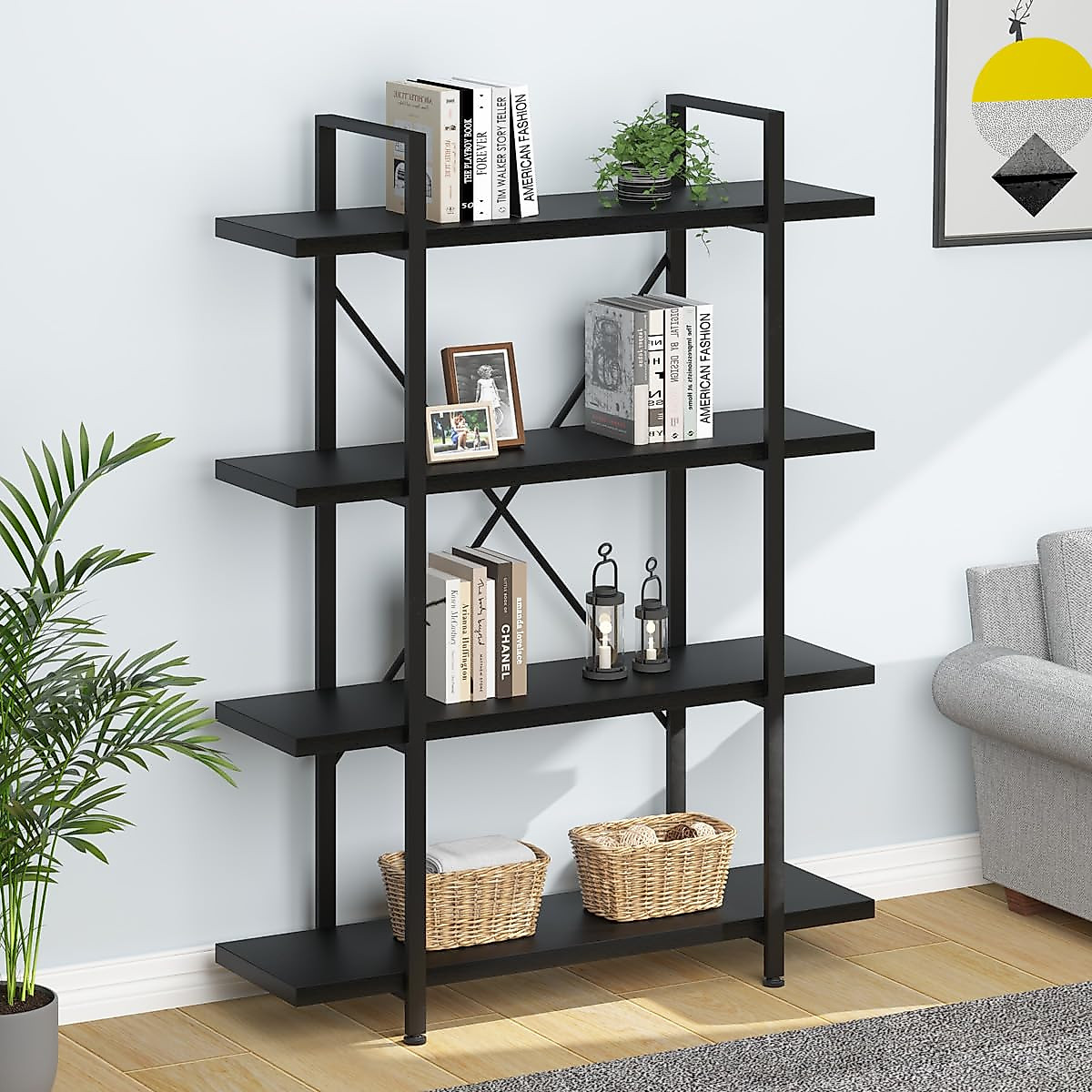 HSH 4 Tier Black Bookshelf, Industrial Metal Wood Storage Book Shelves, Modern Open 4 Shelf Bookcase and Display Etagere, Vertical Book Shelf for Bedroom Living Room Office