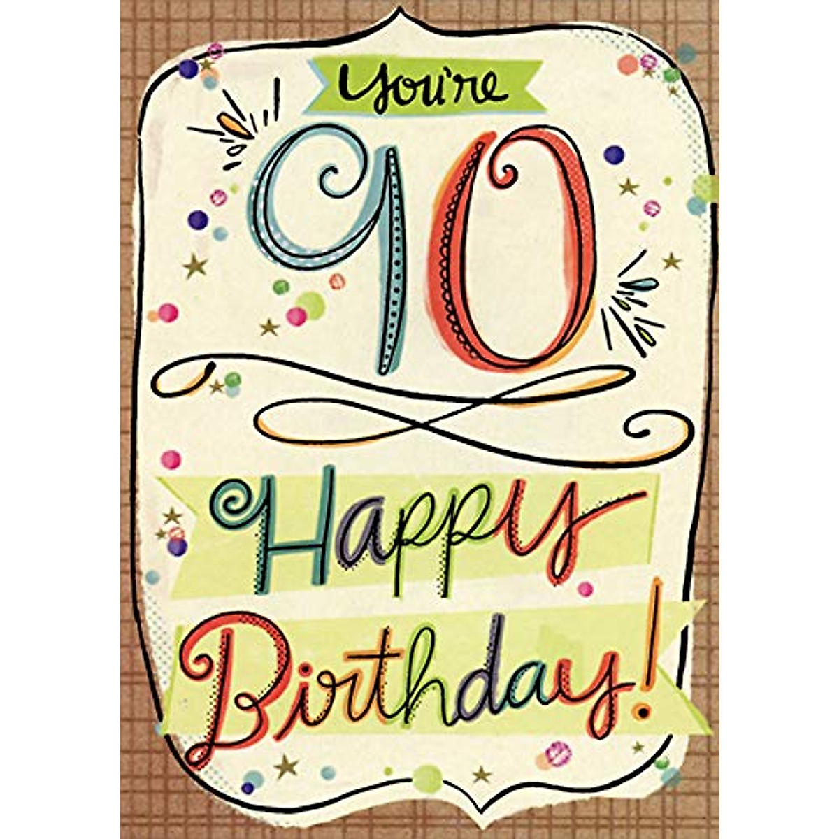 Designer Greetings Colorful Letters with Brown Crosshatch Frame Age 90 / 90th Birthday Card